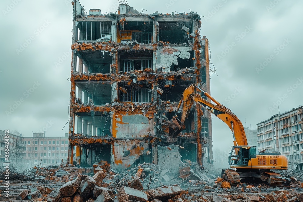 A building mid-demolition with a yellow excavator tearing down the ...