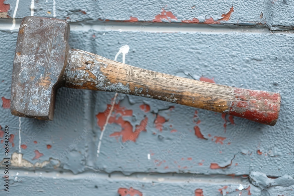An old, rusty hammer with a red-painted handle hanging on a worn ...