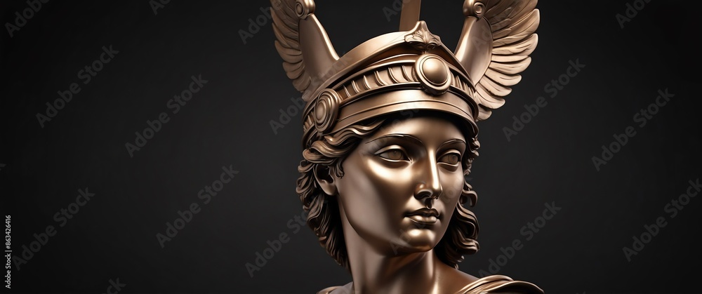 bronze athena head statue on plain black background banner with copy ...