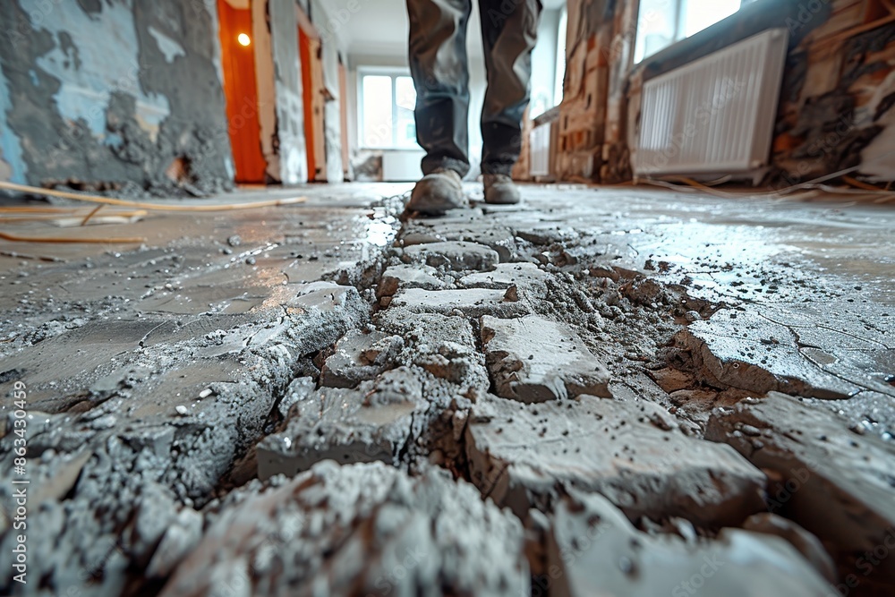 The image captures the feet of a worker standing on shattered concrete ...
