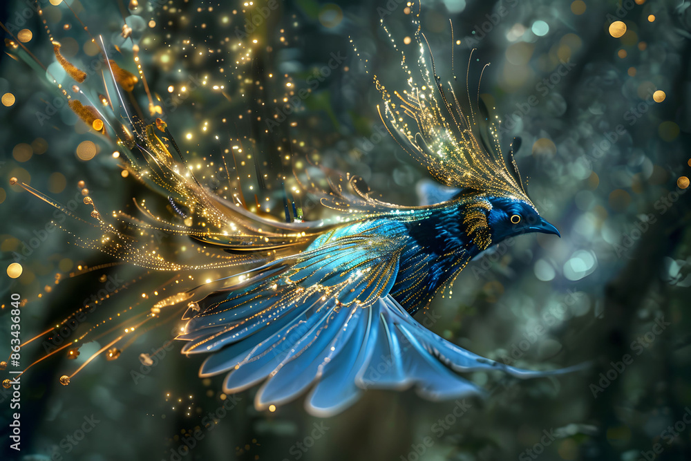Majestic Birds with Indigo and Gold Feathers Creating Magical Particle ...