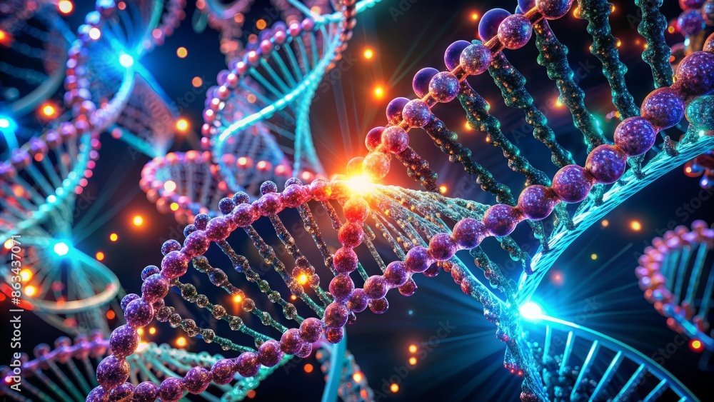 Vibrant neon lights illuminating a magnified 3d model of dna and rna ...