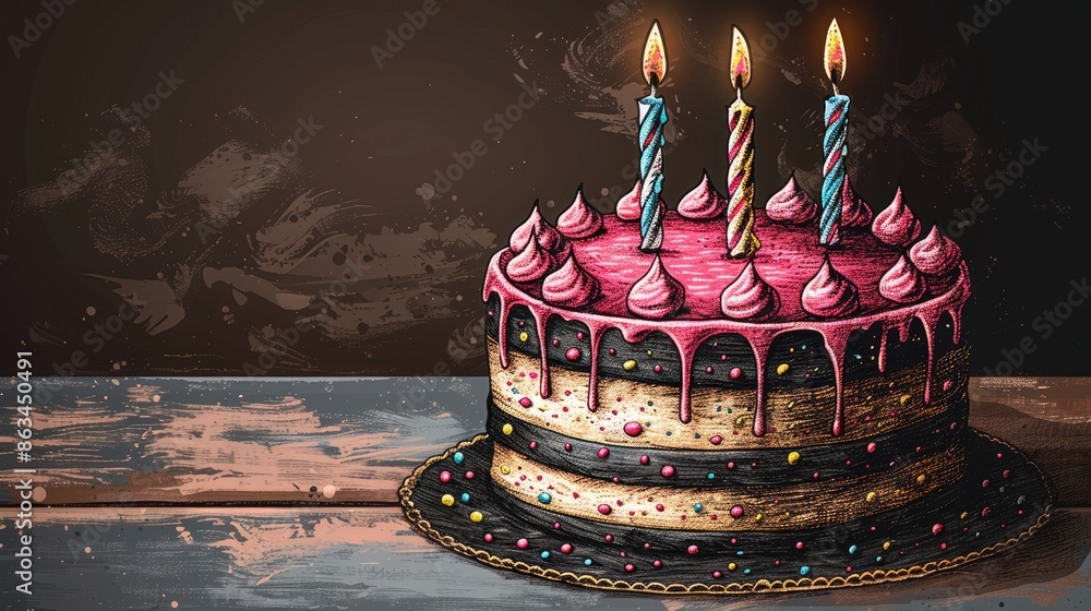 Birthday cake in continuous line art drawing style. Traditional ...