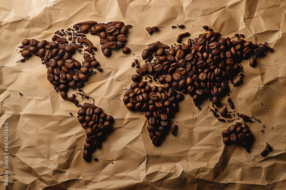 A coffee bean map of the world is made out of coffee beans. The map is ...