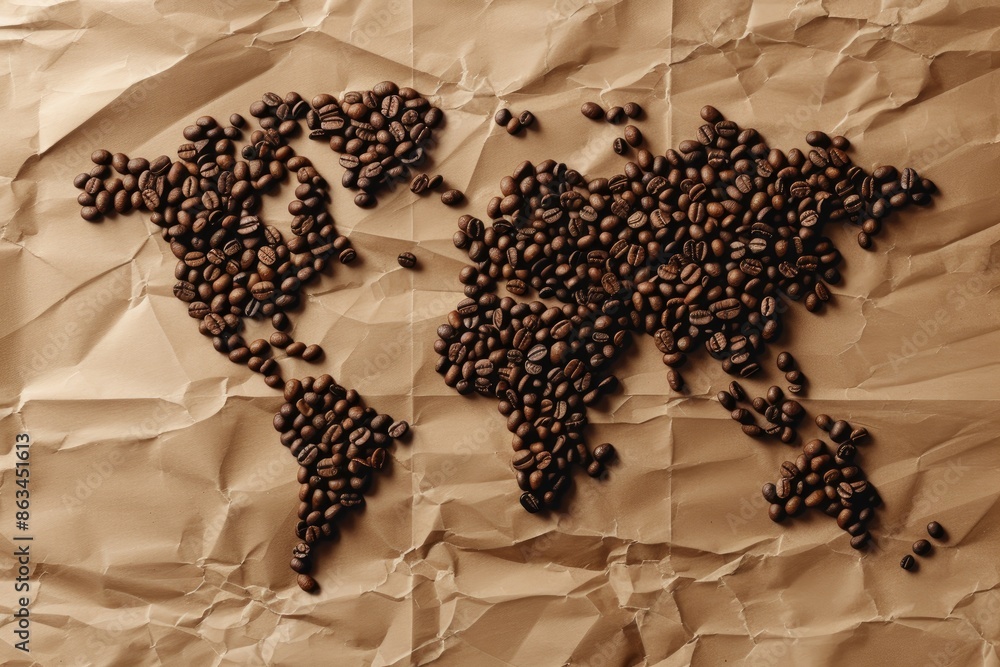A coffee bean map of the world is on a brown paper. The coffee beans ...
