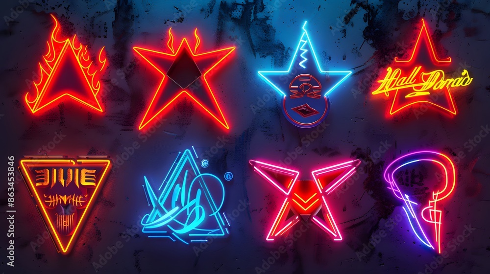 Hair metal band logos lit up with vivid LED light signs, reflecting the ...