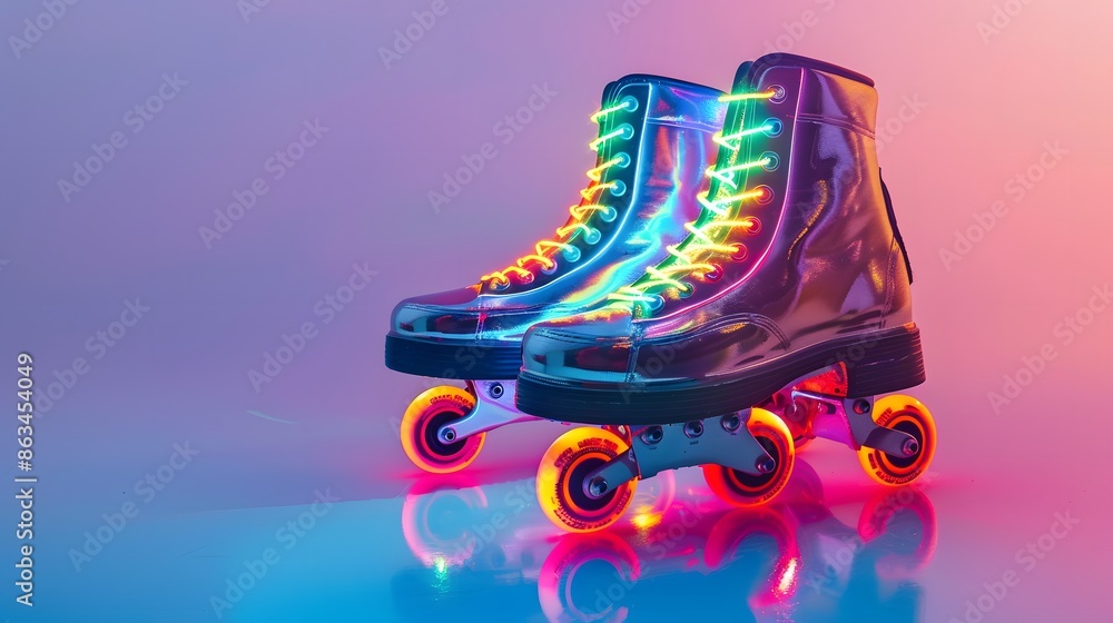 Neon-colored roller skates with 80s design elements., isolated white ...