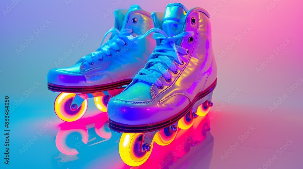 Neon-colored roller skates with 80s design elements., isolated white ...