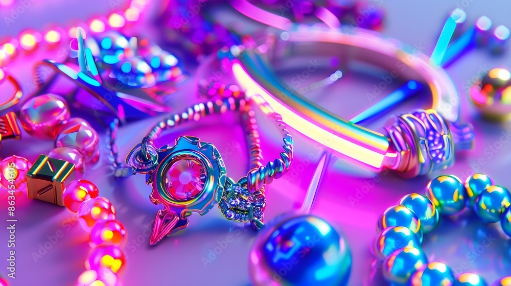 Neon-colored 80s jewelry and accessories with LED highlights., isolated ...