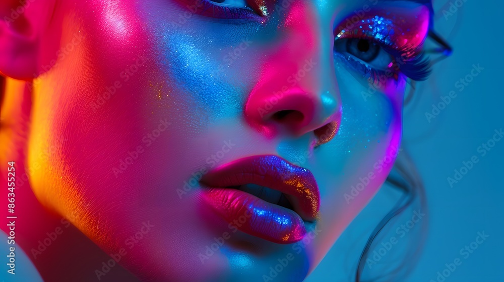 Brightly colored 80s makeup styles highlighted by LED lights., isolated ...
