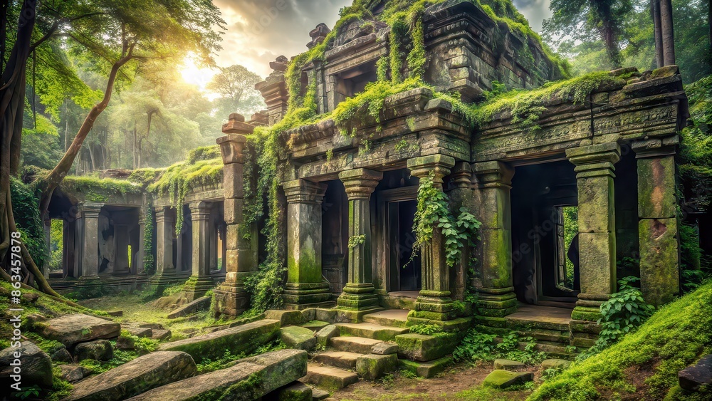 Ruined temple covered in vines and moss , ancient, abandoned ...