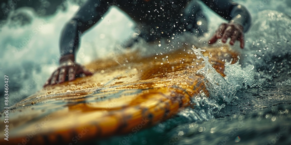 skilled surfer effortlessly rides a surfboard on top of a massive wave ...