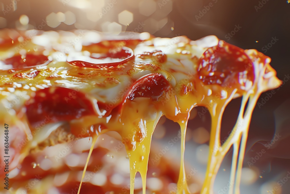 Zoomed-in shot, juicy pepperoni pizza slice with melted cheese stretch ...