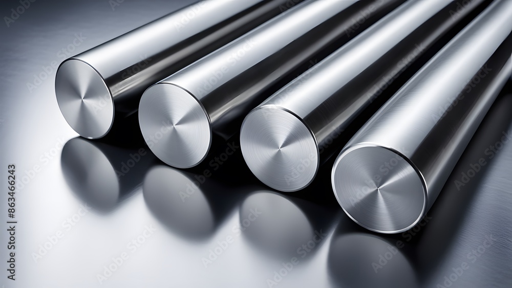 Polished steel bars with smooth, reflective surfaces, neatly aligned in ...