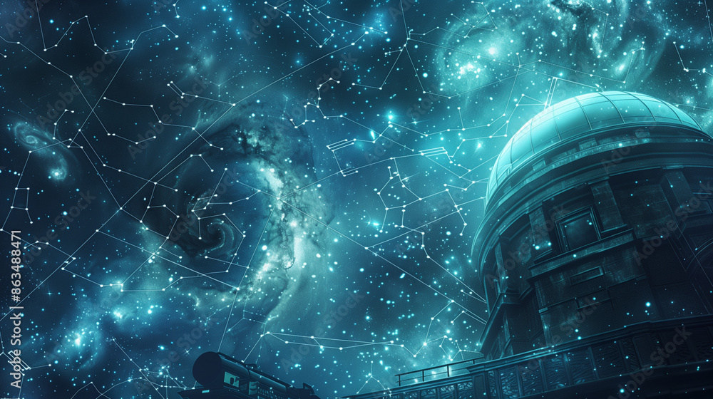 A celestial map of constellations, deep blue background, shimmering ...