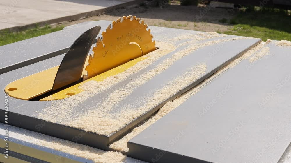 Stockvideon A carpenter cleans sawdust from a circular saw. A snapshot ...