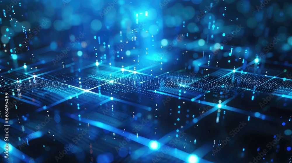 Blue abstract light technology background with digital pixel internet ...