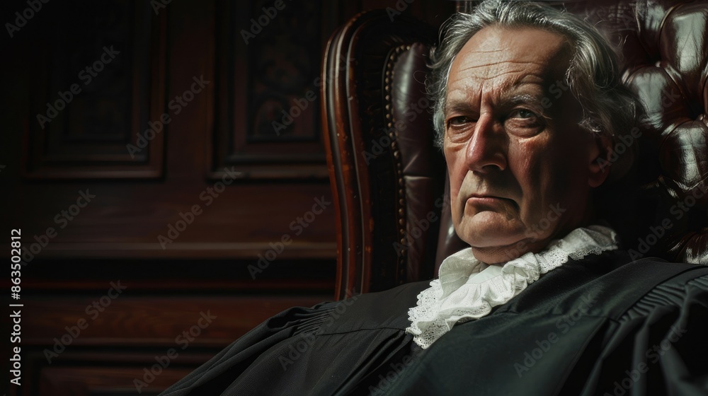 Solemn elderly judge in traditional judicial robe, sitting on an ornate ...