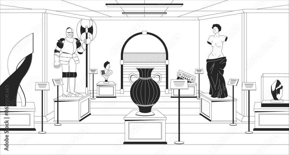 Historical museum black and white line illustration. Ancient statues ...