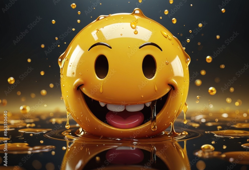 3D rendering of a smiley face emoji with a glossy, melting texture, as ...