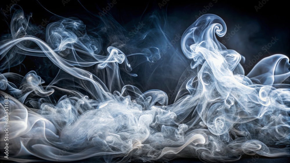 Ethereal wispy tendrils of white smoke swirl and dance against a dark ...