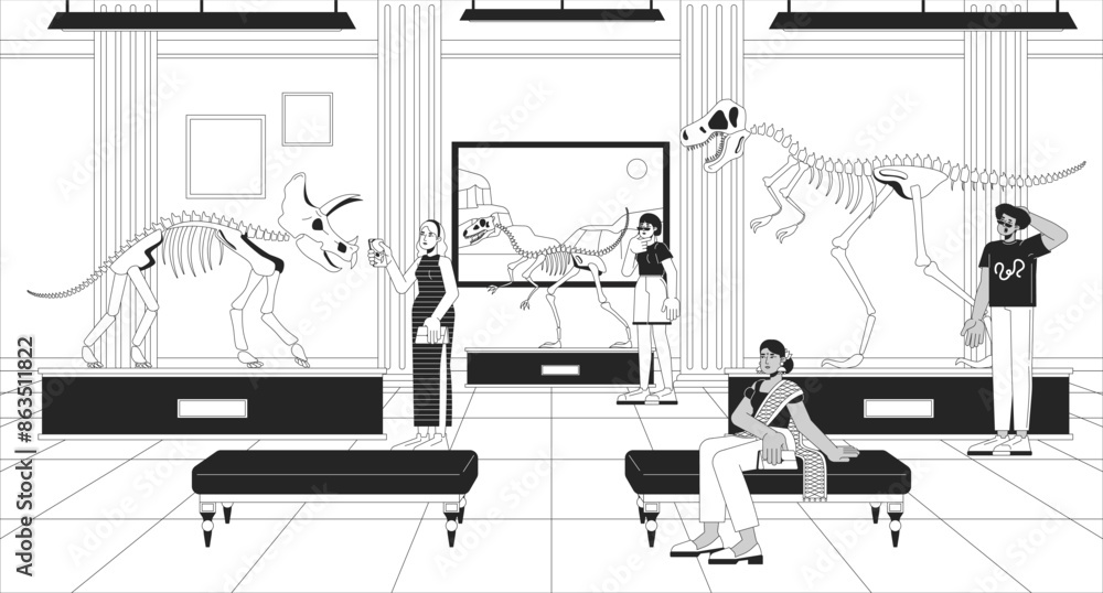 Dinosaur exhibit on tour black and white line illustration. Exhibition ...