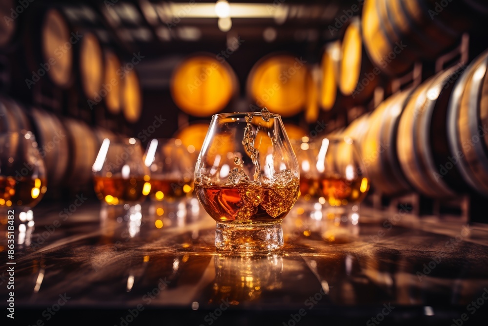 Bourbon flowing from tap into glass, soft distillery light, close-up ...
