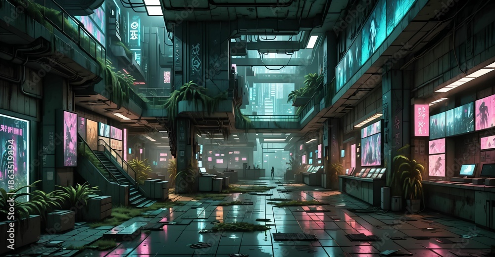cyberpunk futuristic dystopian city street strip with shops, stores ...