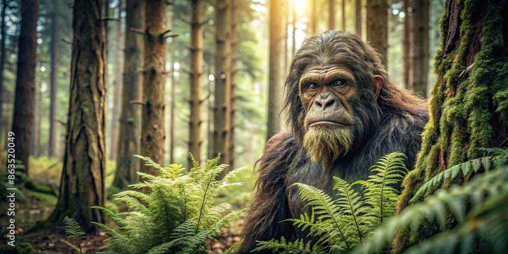 Mysterious Sasquatch creature hiding in dense forest setting, Bigfoot, legend, mythical ...