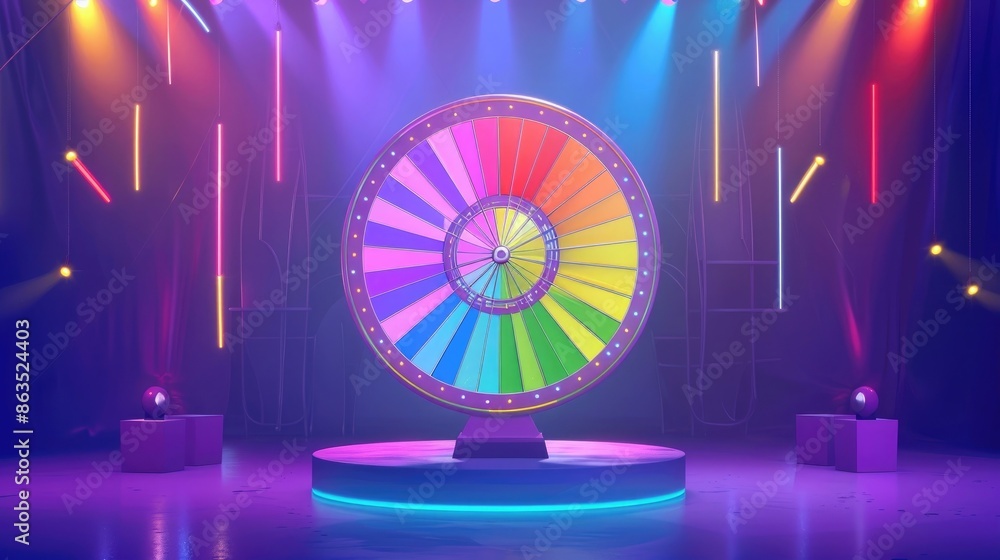 Colorful Game Show Wheel with Contestant Stands and Host Desk. Concept ...