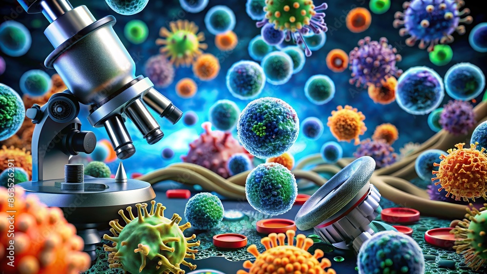 A close-up image of various microorganisms including bacteria, fungi ...