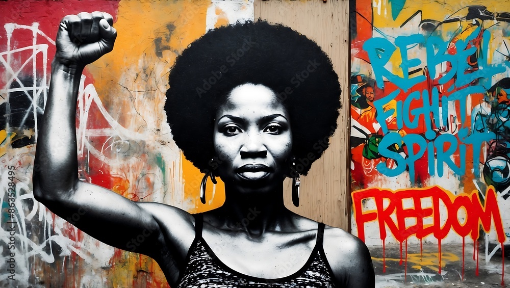 African woman raising fist, rebel fighting spirit freedom, urban street ...
