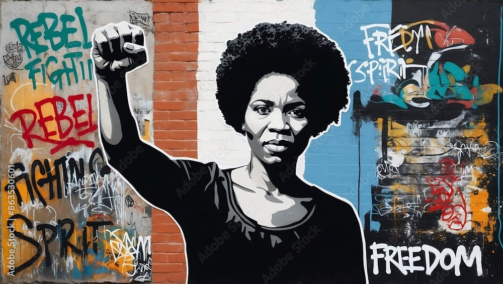 African woman raising fist, rebel fighting spirit freedom, urban street ...