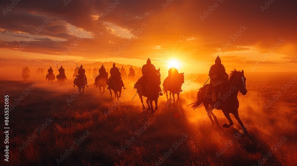 Riding atop sturdy Mongolian horses, a band of warriors clad in ...