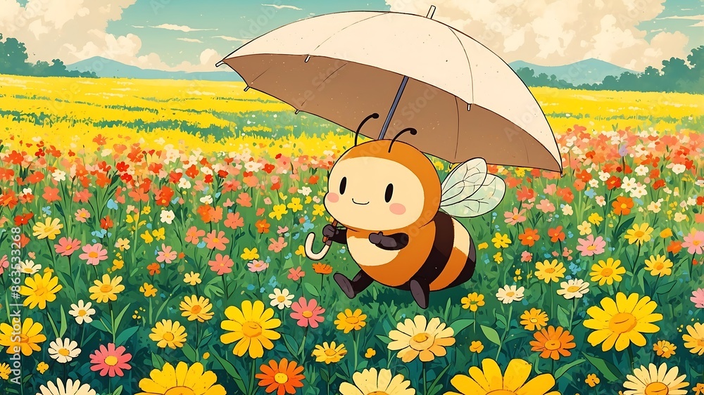 Cute cartoon bee in colorful yellow flower field. World Bee Day or ...