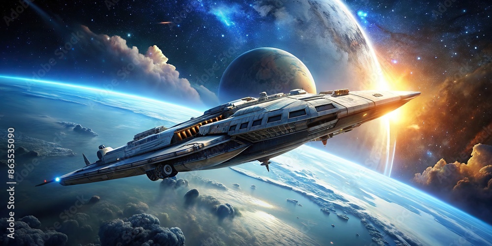 Realistic wallpaper of a futuristic space ship traveling through outer ...