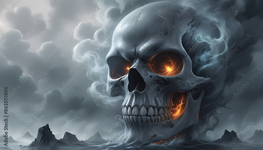 Dark digital painting of an ominous skull with glowing eyes and mouth ...