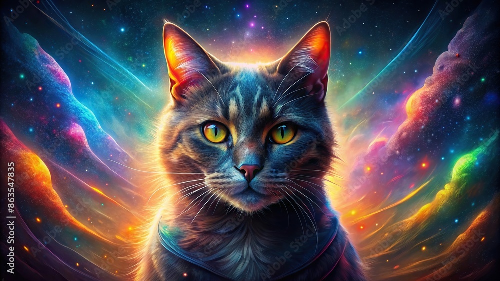 Cosmic cat with fiery eyes surrounded by a spectrum of galactic colors ...