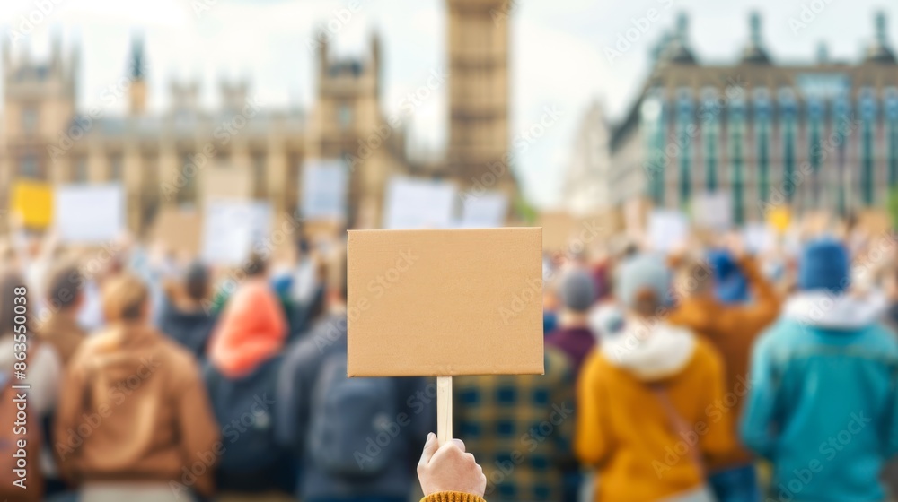 Peaceful protest in front of a parliament building, people holding ...