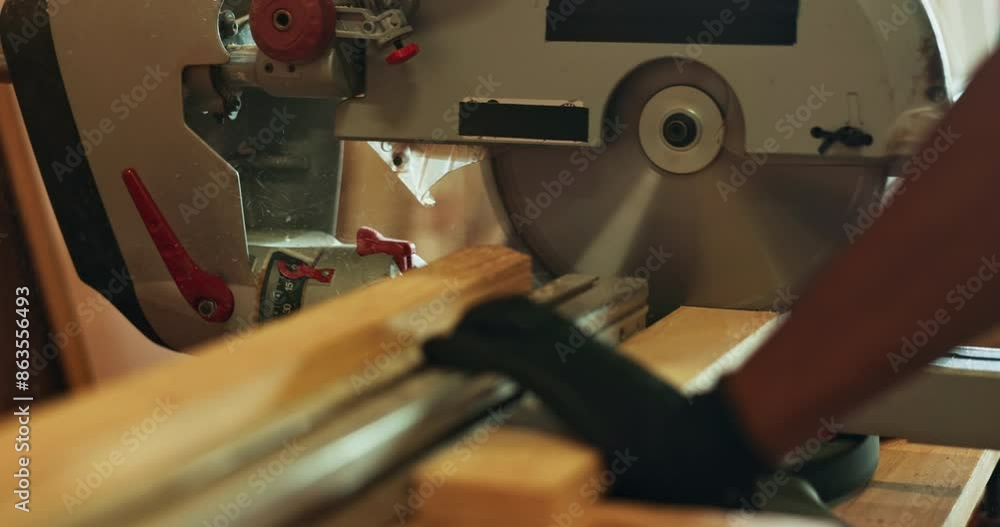 Machine, hands and person with wood for cutting for construction ...