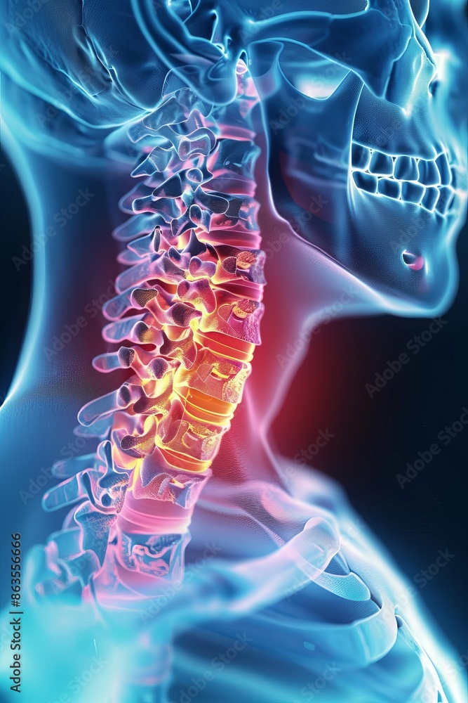 3D rendering of a human cervical spine with highlighted vertebrae ...