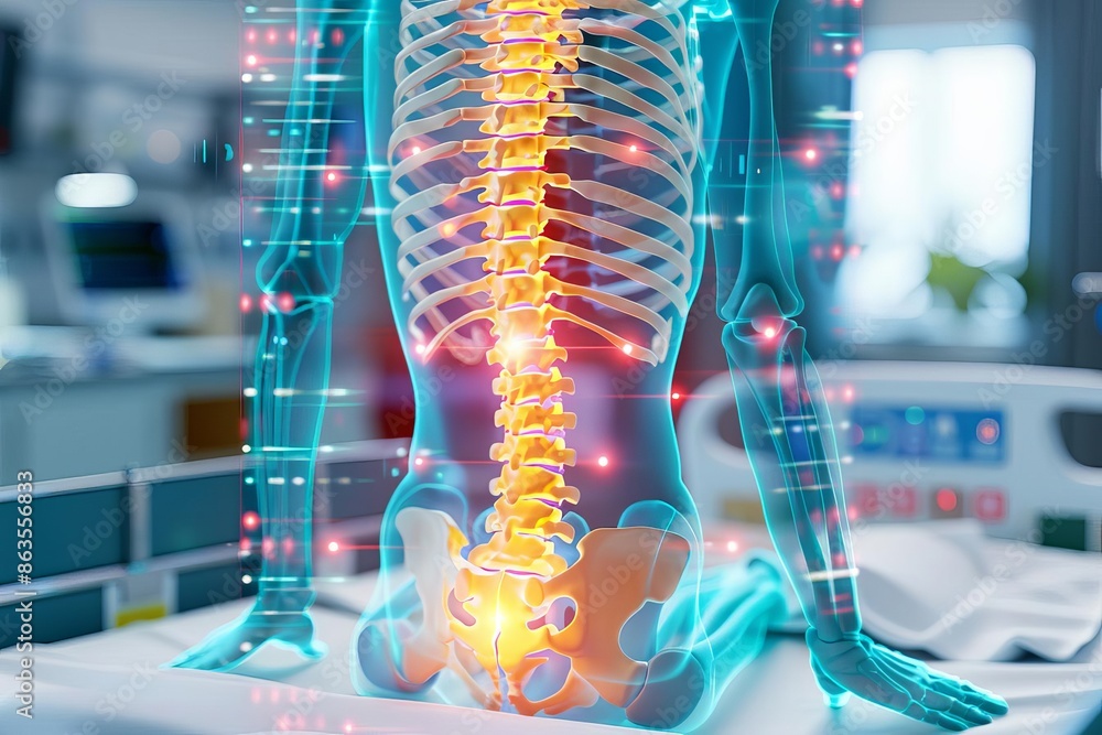 Medical illustration of human spine showing lumbar region in a ...
