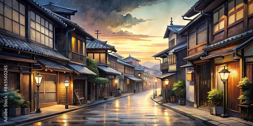 Japanese street scene at dusk depicted in traditional Sumi-e ink ...
