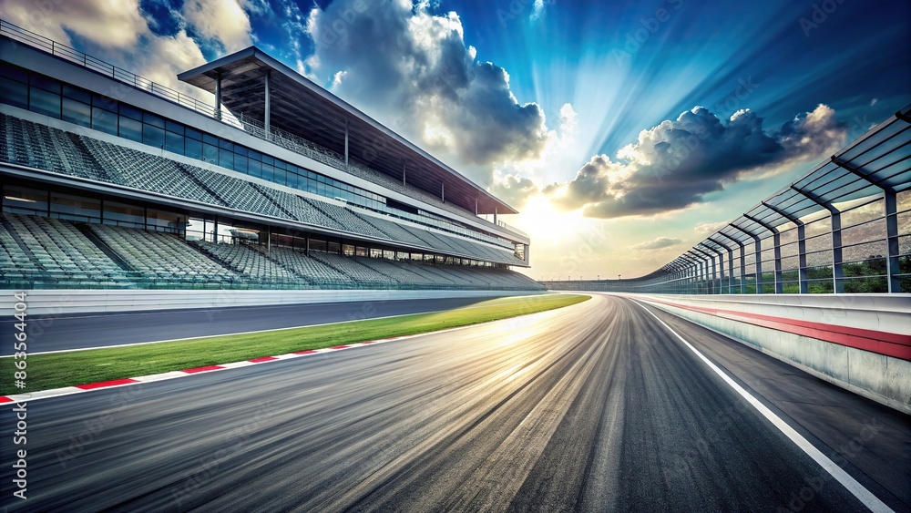 F1 race track circuit with motion blur and grandstand stadium for ...