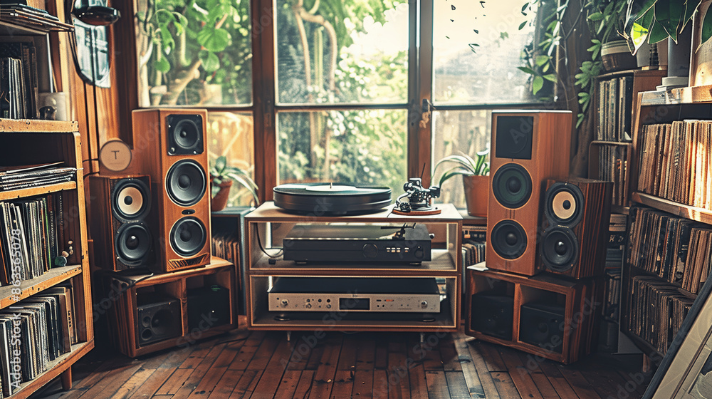 Vintage wood hi-fi system with turntable and large speakers in wooden ...
