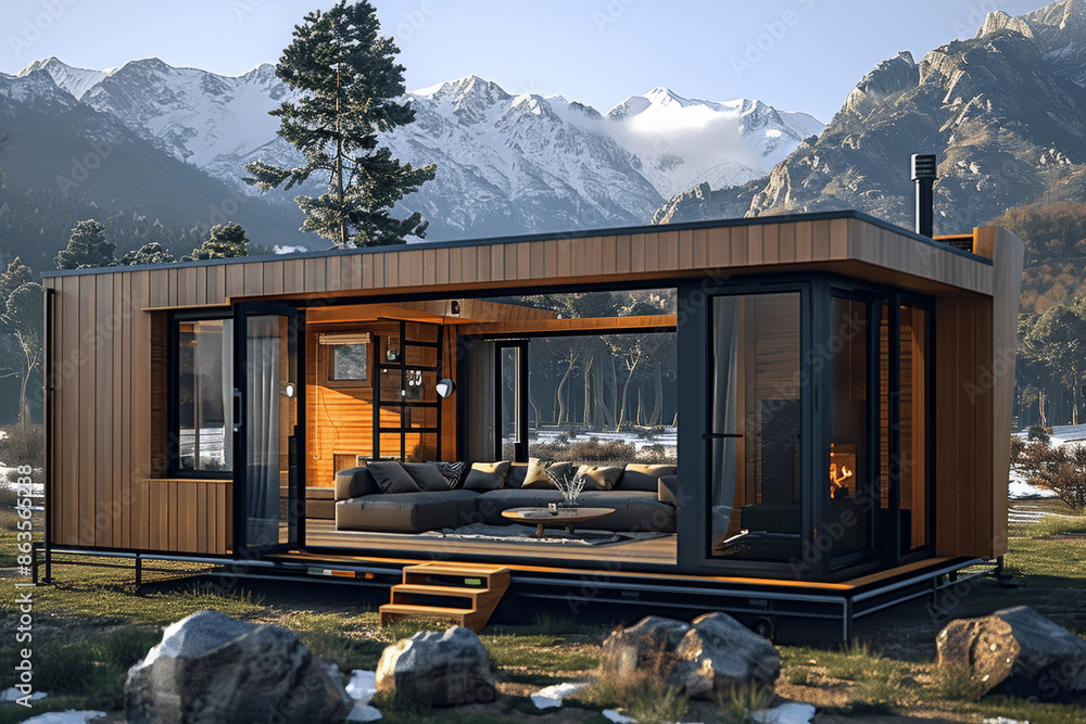 Modern Modular Wooden Tiny Home on Wheels with Flat Roof and Sliding ...