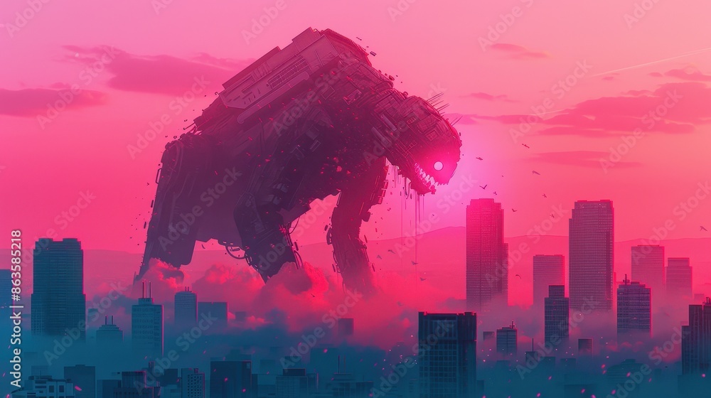 Gigantic electronic junk Kaiju, emerging from a scrapyard, cityscape in ...