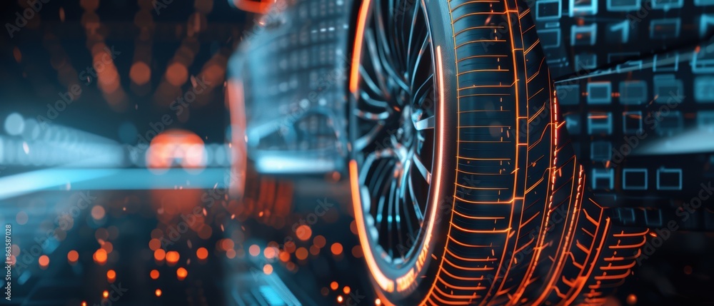 Advanced tire wear analysis with AI, side view, digital interface ...