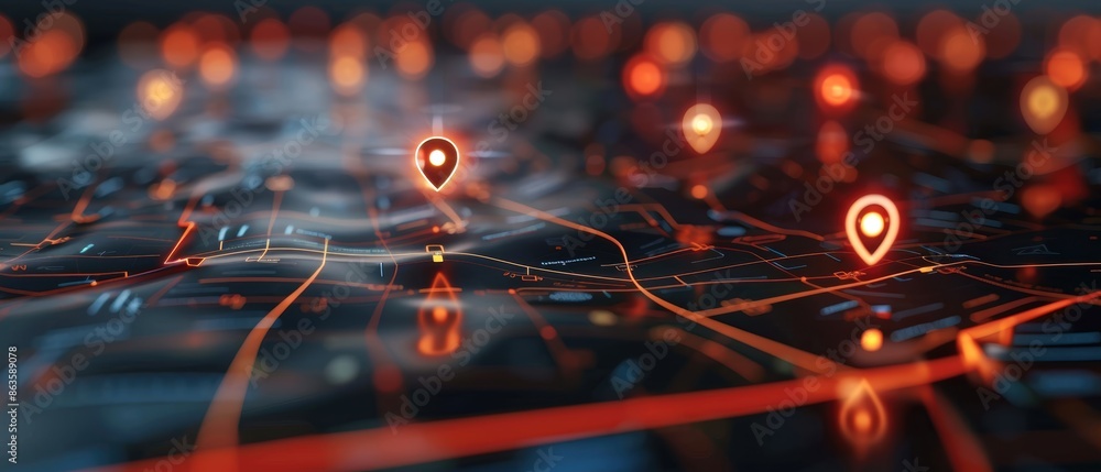 Interactive map interface with multiple location icons, touchscreen ...