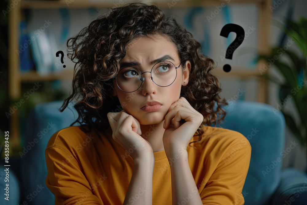 Confused woman with question marks indoors, thinking and problem ...
